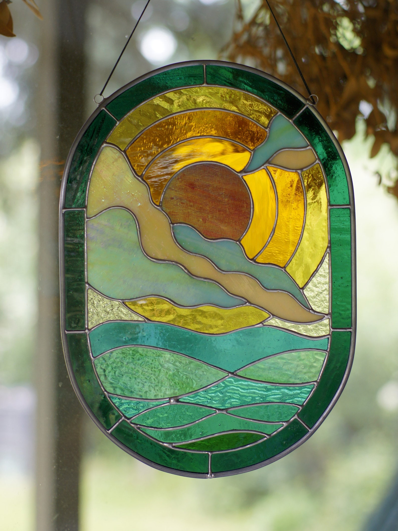 Modern Stained Glass Suncatcher With Ocean, Sun and Clouds, Iridescent ...