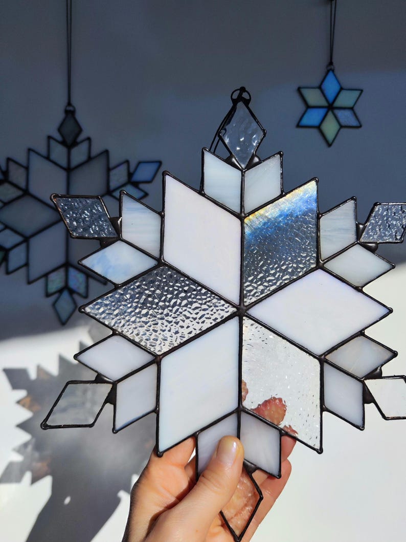 Set of 3 Modern Snowflake Stained Glass Suncatchers, Set of Iridescent ...
