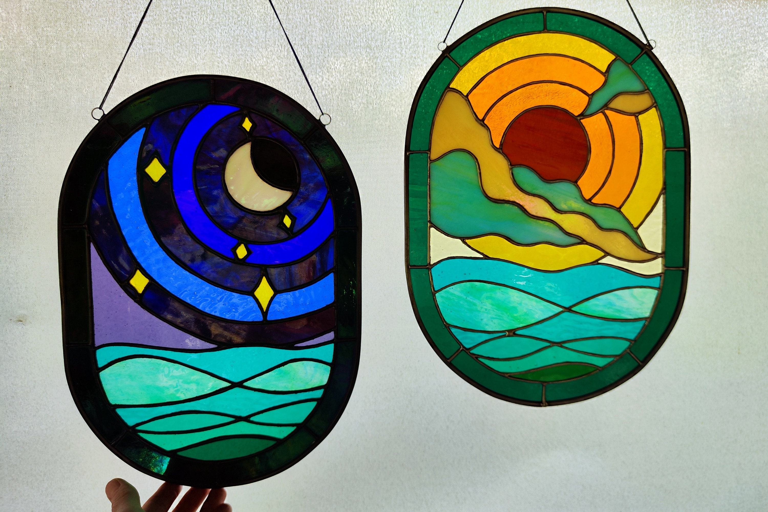Modern Stained Glass Suncatcher With Ocean, Sun and Clouds, Iridescent ...