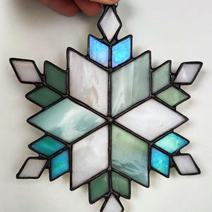 3 Modern Snowflake Stained Glass Suncatchers, Set of Iridescent ...