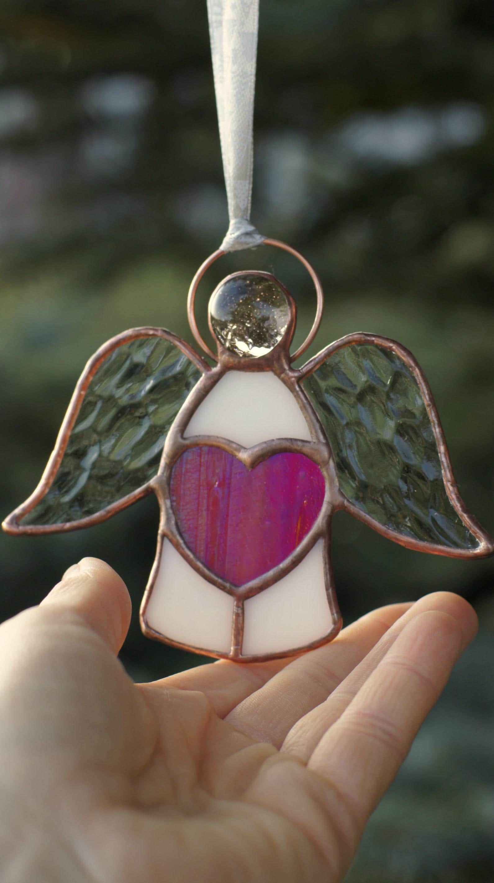 Iridescent Stained Glass Angel Ornament With Red Heart and Copper ...
