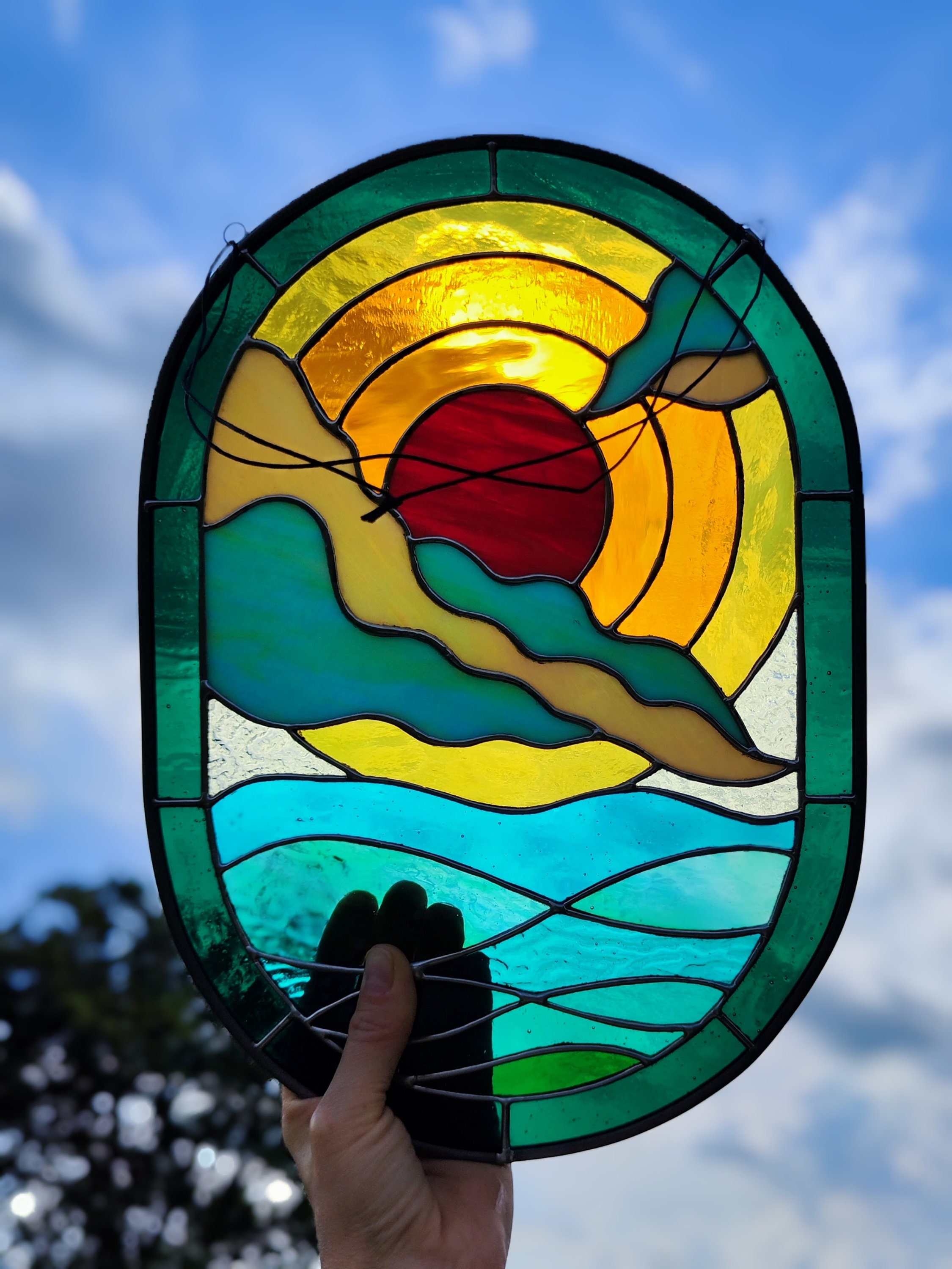 Modern Stained Glass Suncatcher With Ocean, Sun and Clouds, Iridescent ...