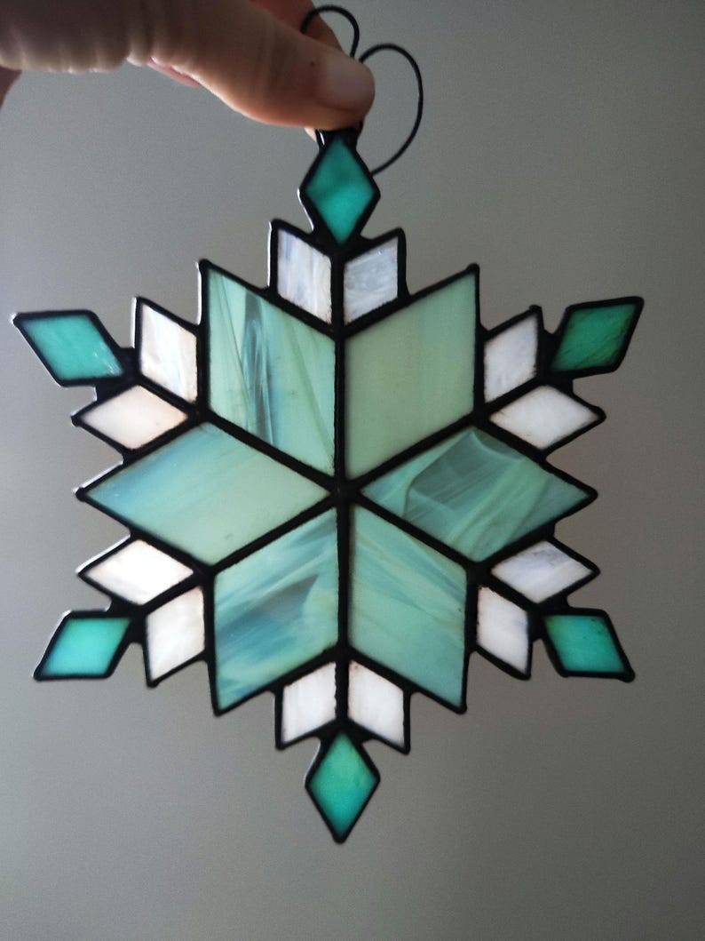 3 Modern Snowflake Stained Glass Suncatchers, Set of Iridescent ...