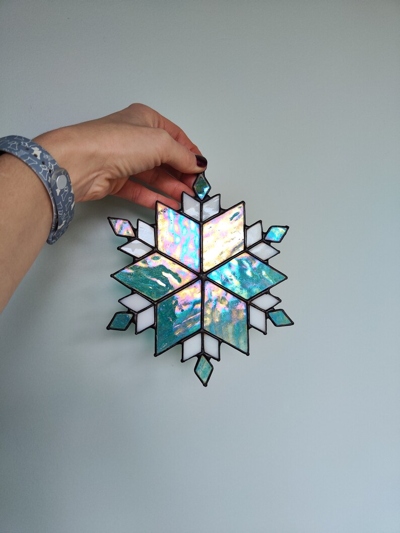 3 Modern Snowflake Stained Glass Suncatchers, Set of Iridescent Wall ...
