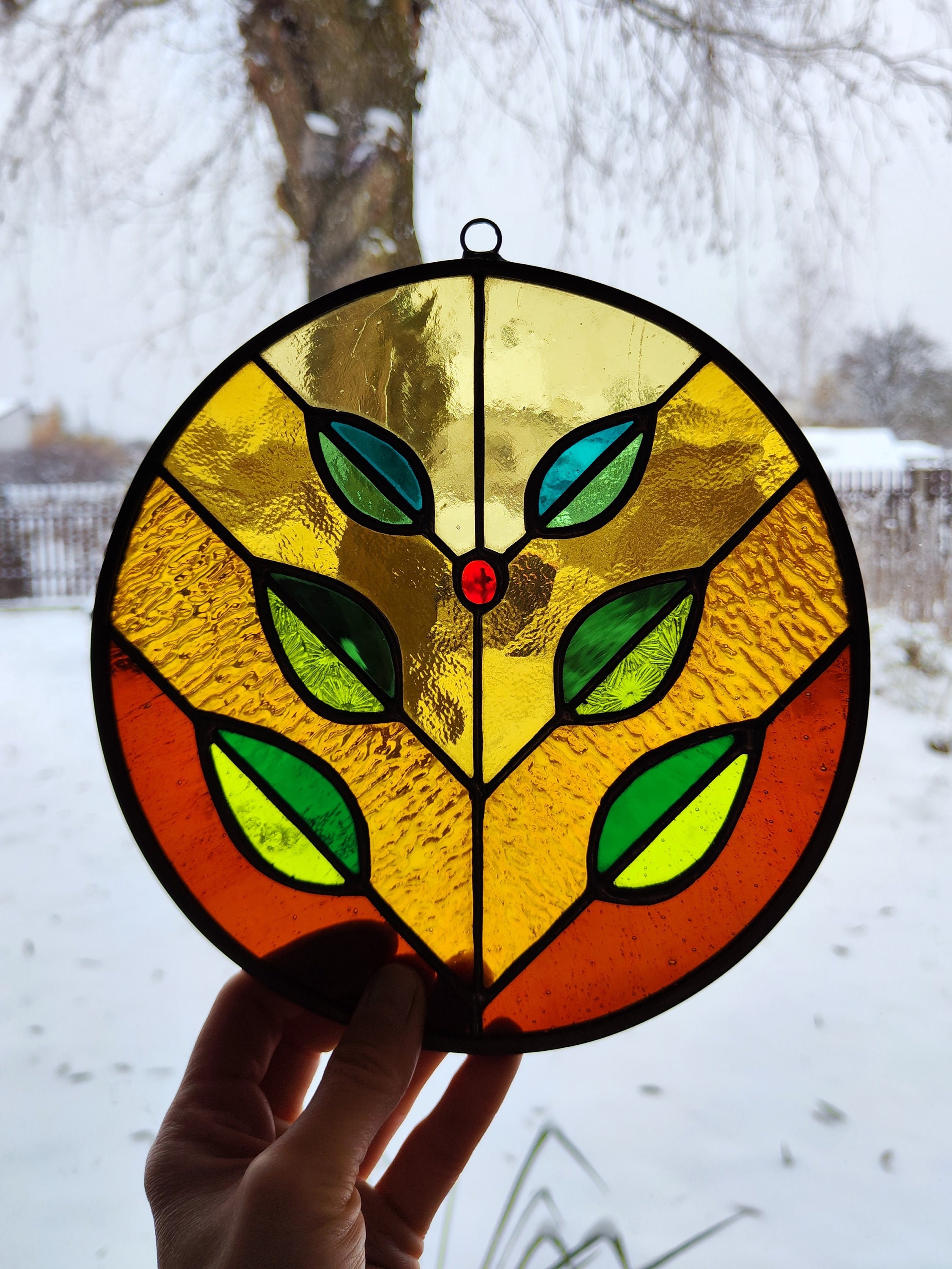 Modern Window Stained Glass Suncatcher, Nature Inspired Glass Panel ...