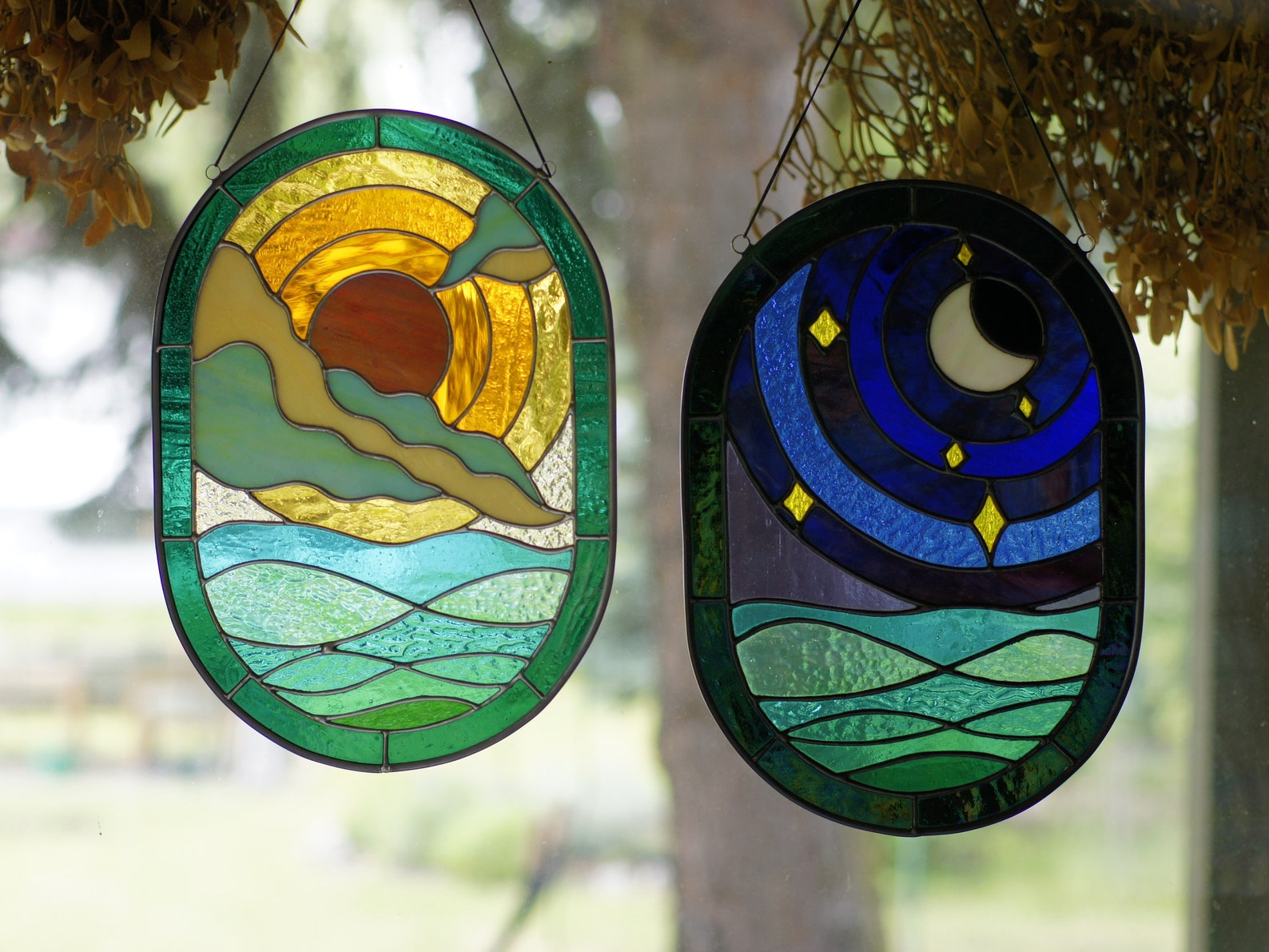 Modern Stained Glass Suncatcher With Ocean, Sun and Clouds, Iridescent ...