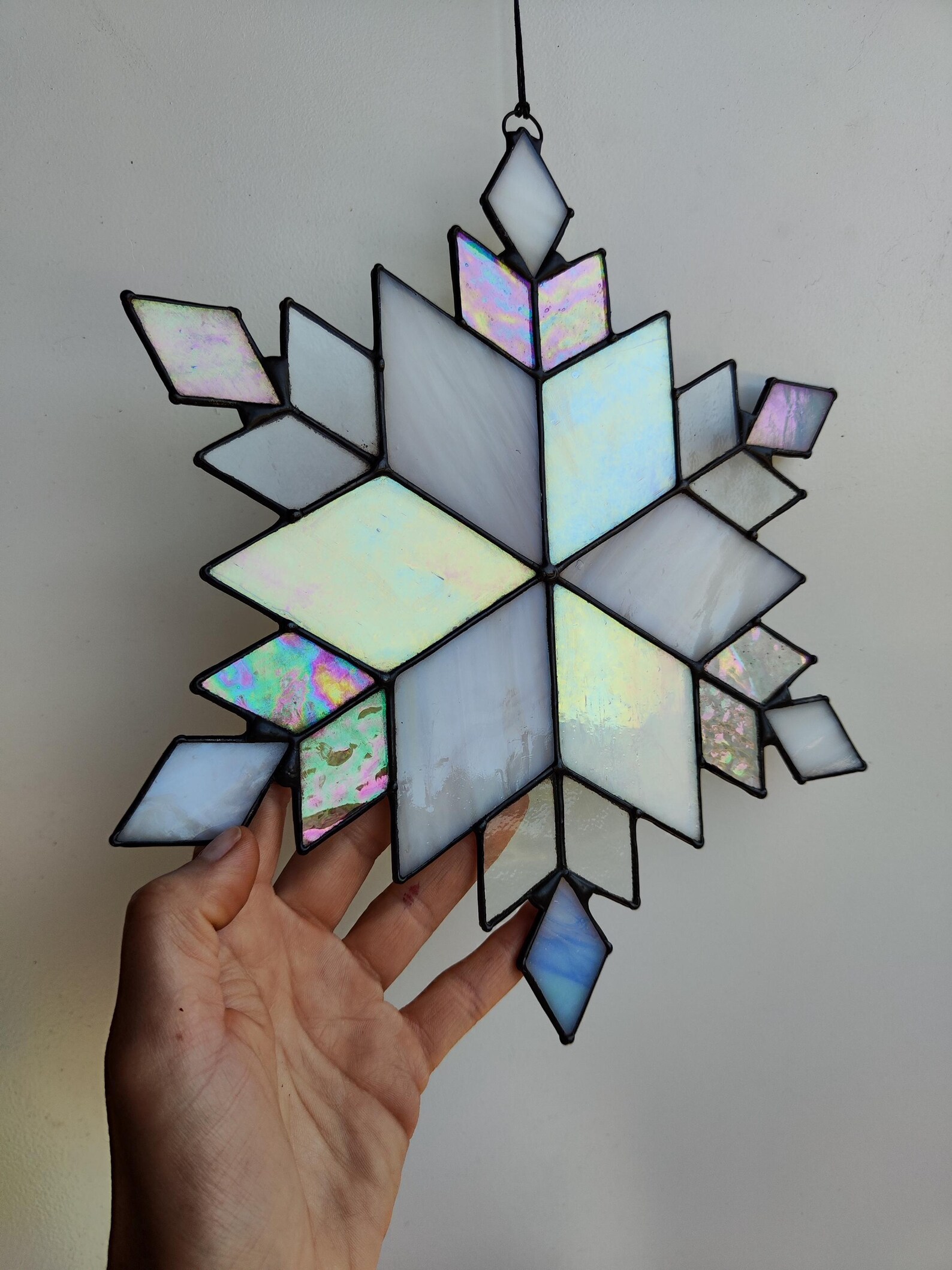 Stained Glass Snowflakes Set, 3 Iridescent Winter Suncatchers, Holiday ...