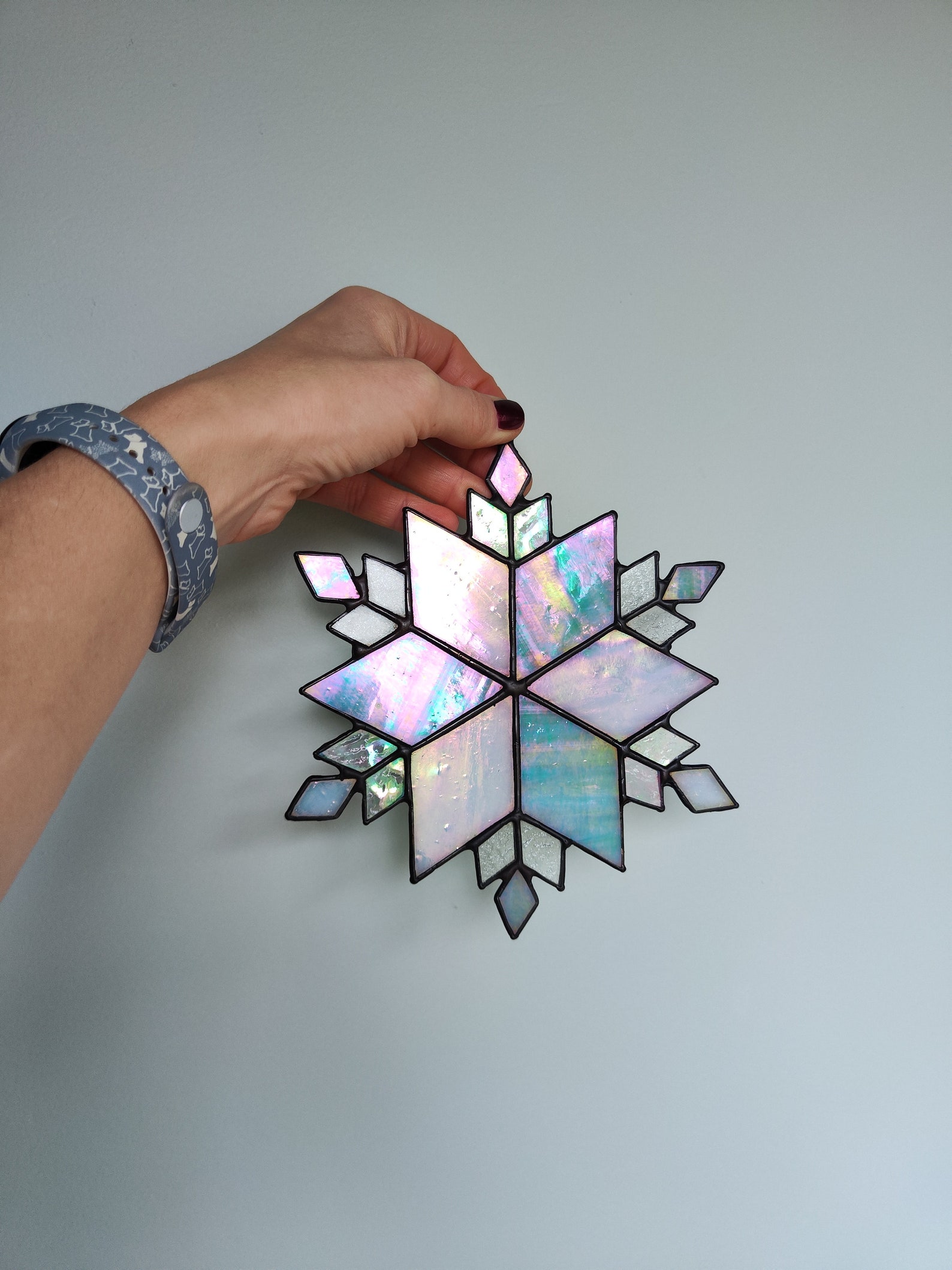 3 Modern Snowflake Stained Glass Suncatchers, Set of Iridescent Wall ...