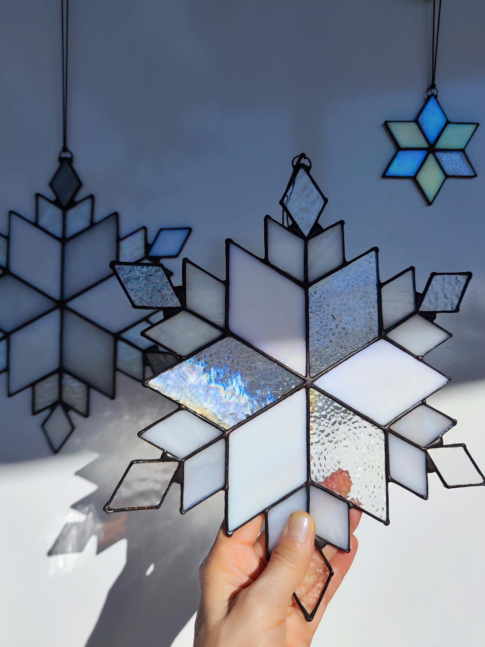 Set of 3 Modern Snowflake Stained Glass Suncatchers, Set of Iridescent ...