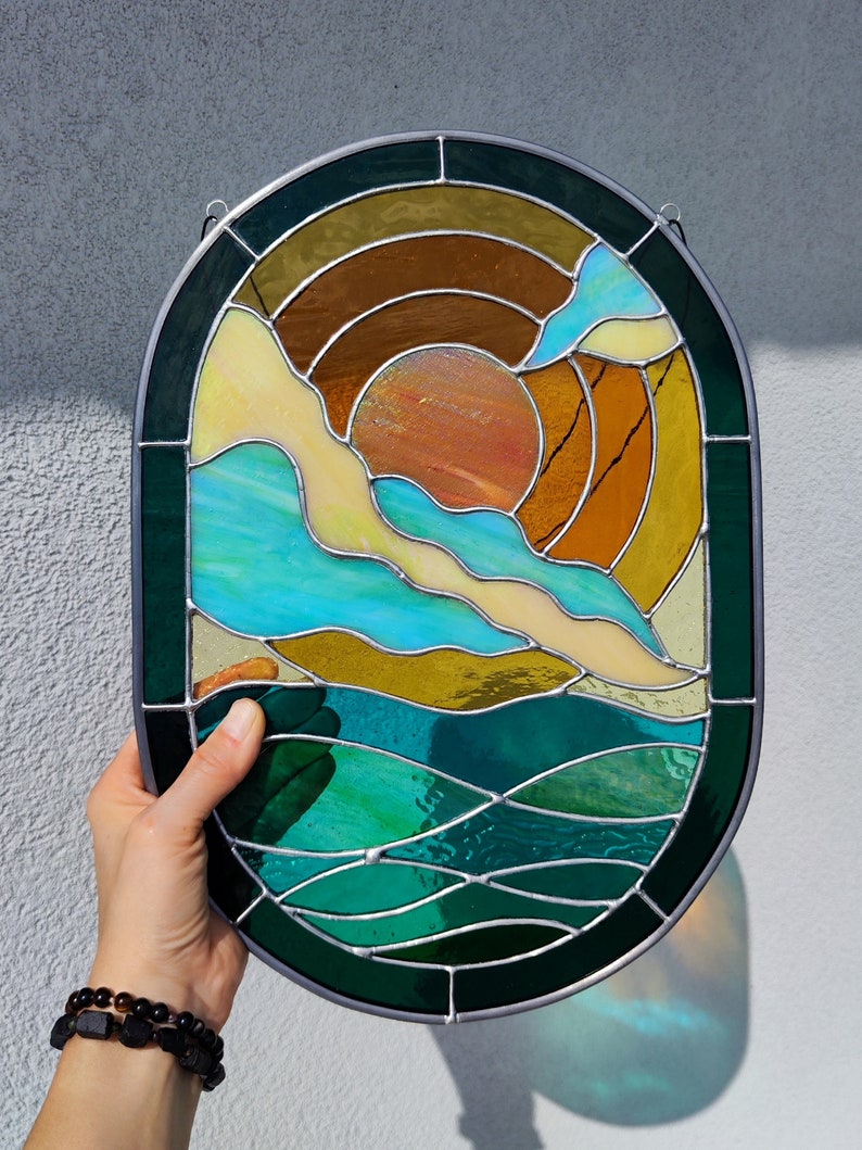 Modern Stained Glass Suncatcher With Ocean, Sun and Clouds, Iridescent ...