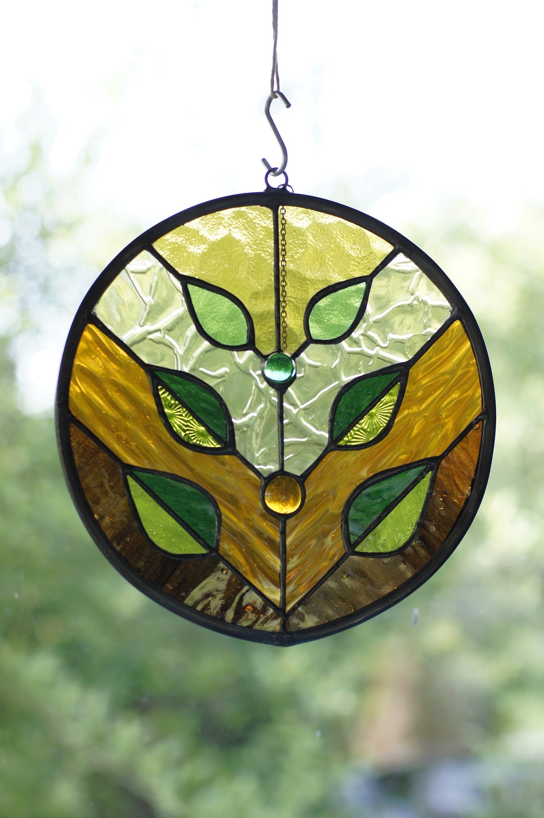 Modern Window Stained Glass Suncatcher, Nature Inspired Glass Panel ...