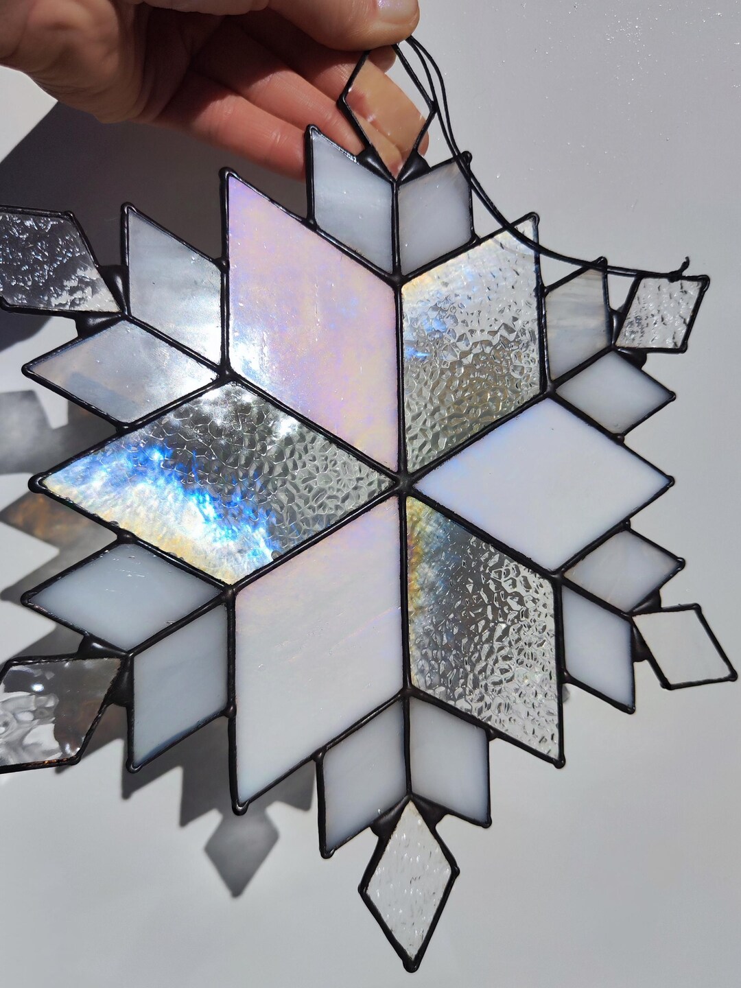 Set of 3 Modern Snowflake Stained Glass Suncatchers, Set of Iridescent ...