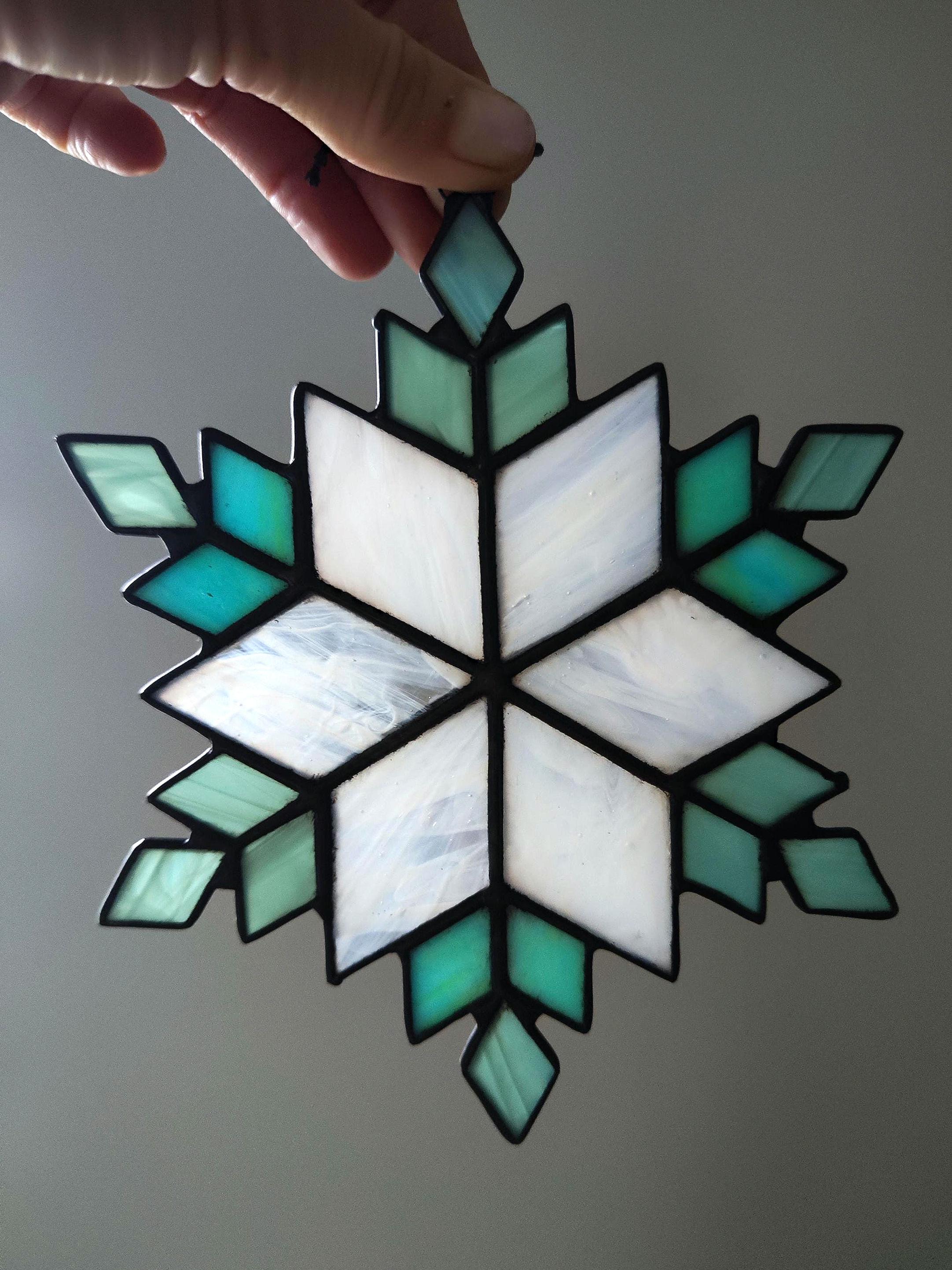 3 Modern Snowflake Stained Glass Suncatchers, Set of Iridescent ...
