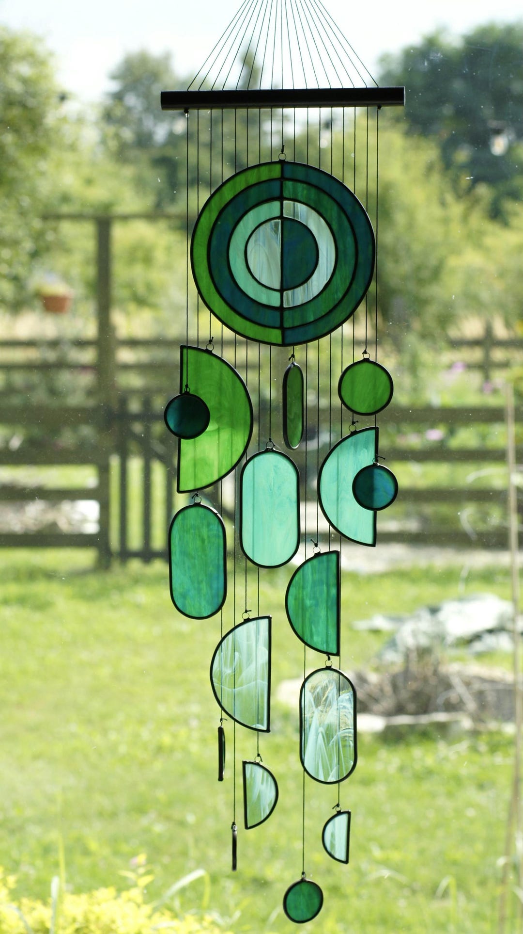 Modern Stained Glass Mobile, Emerald Green & Blue Suncatcher, Boho ...