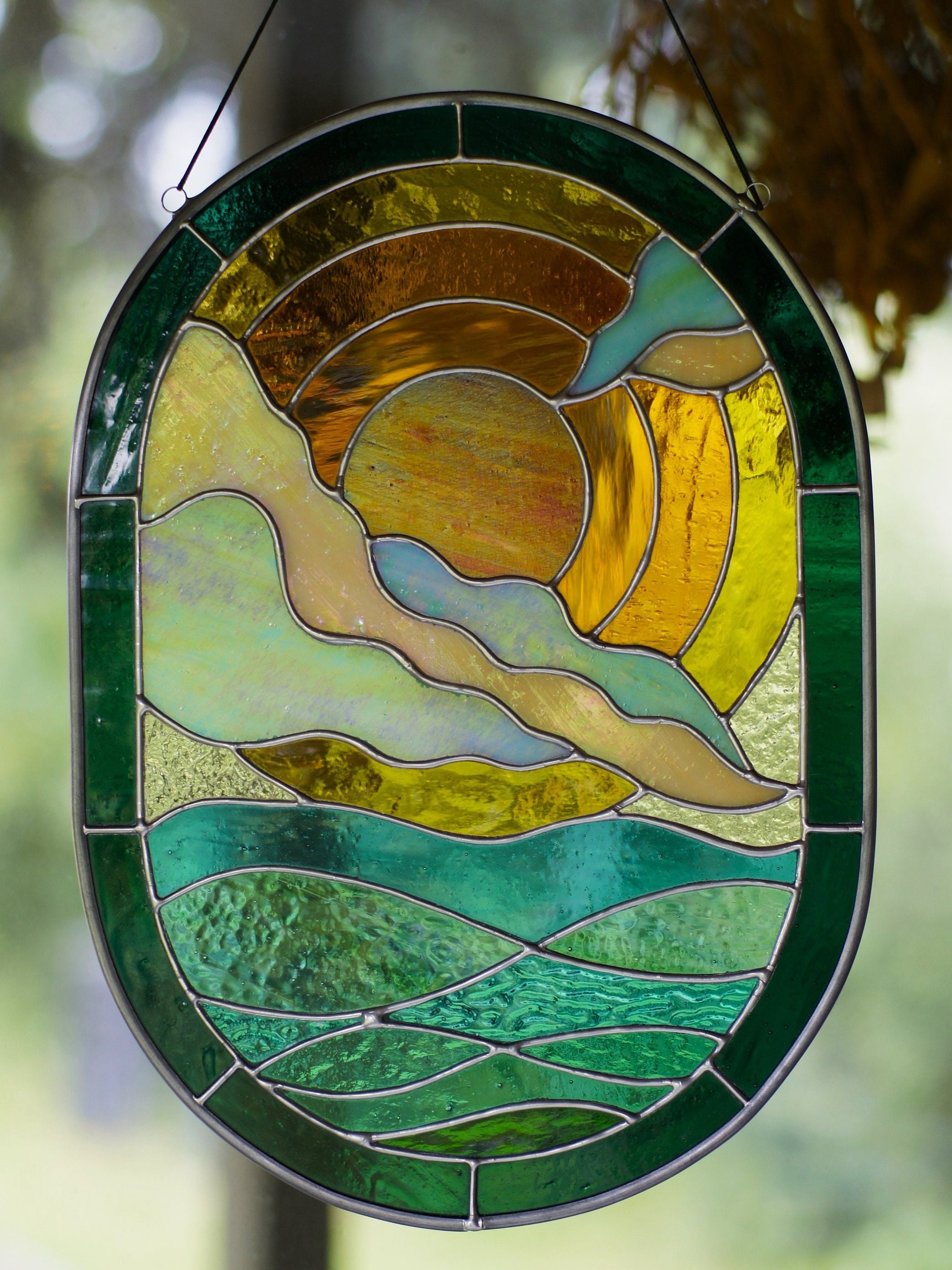 Modern Stained Glass Suncatcher With Ocean, Sun and Clouds, Iridescent ...