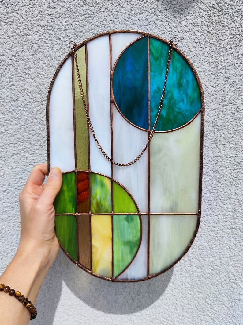 Modern Stained Glass Hanging, Spheres Suncatcher, Abstract Cosmos ...