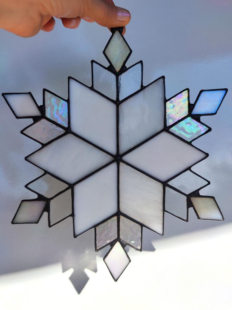 Set of 3 Modern Snowflake Stained Glass Suncatchers, Set of Iridescent ...