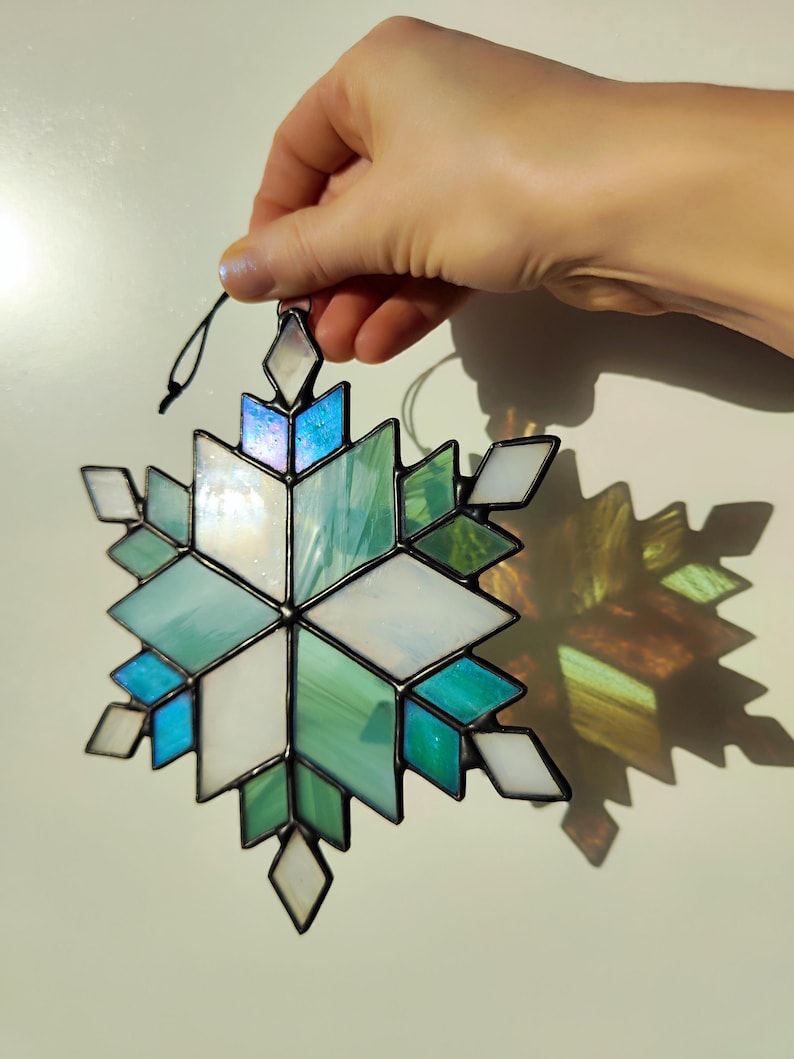 3 Modern Snowflake Stained Glass Suncatchers, Set of Iridescent ...