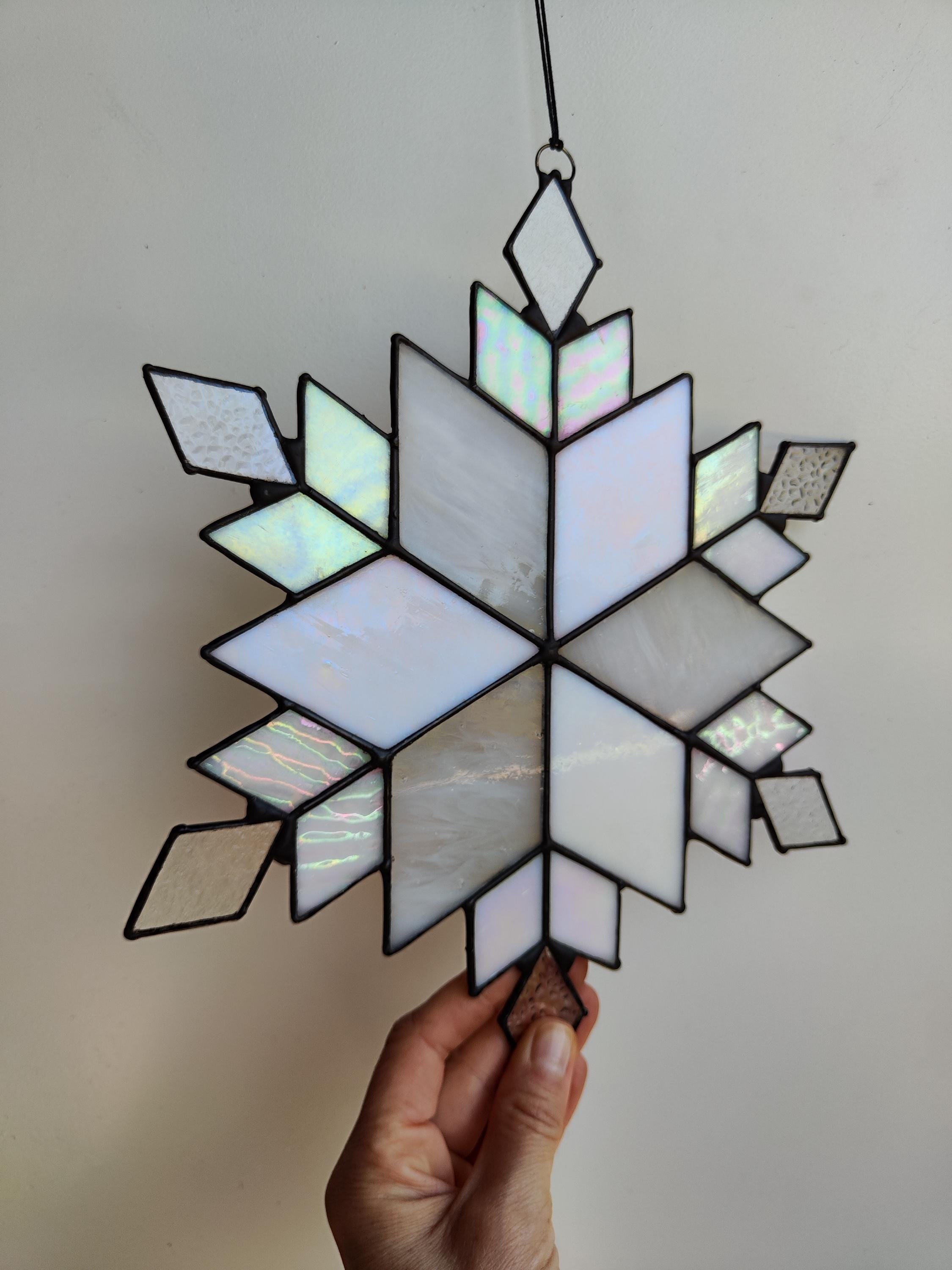 Stained Glass Snowflakes Set, 3 Iridescent Winter Suncatchers, Holiday ...
