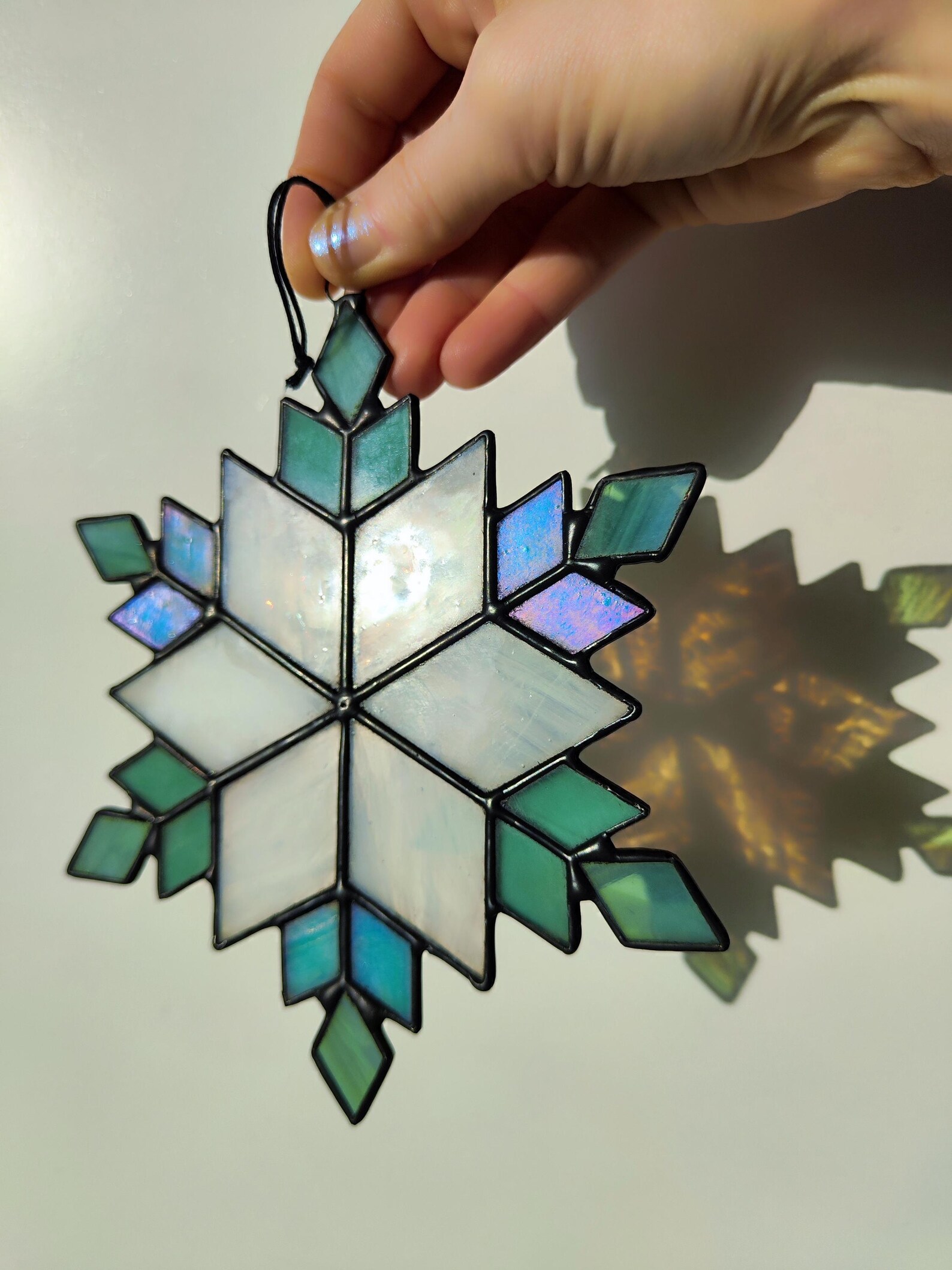 3 Modern Snowflake Stained Glass Suncatchers, Set of Iridescent ...