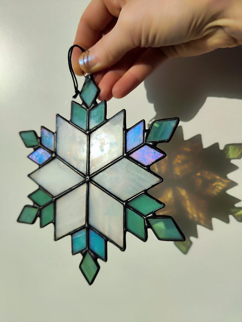 3 Modern Snowflake Stained Glass Suncatchers, Set of Iridescent ...