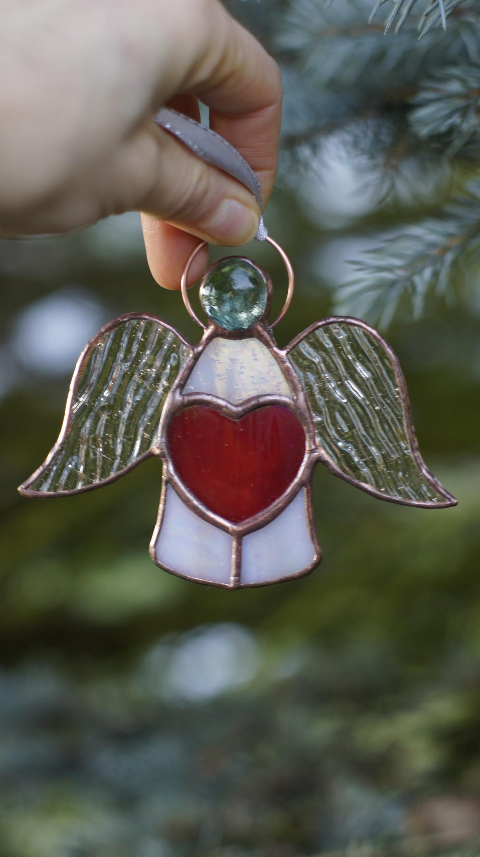Iridescent Stained Glass Angel Ornament With Red Heart and Copper ...