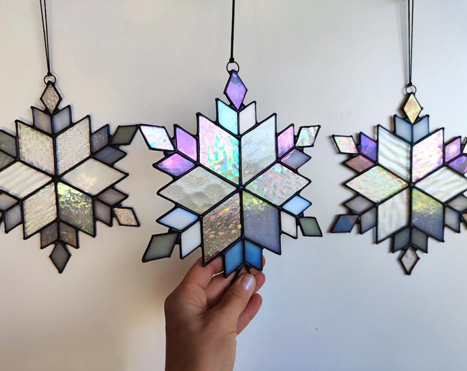 3 Modern Snowflake Stained Glass Suncatchers, Set of Iridescent Wall ...