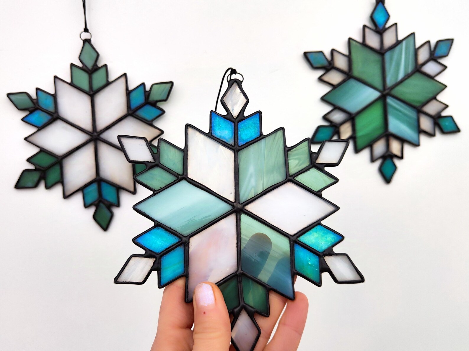 3 Modern Snowflake Stained Glass Suncatchers, Set of Iridescent ...