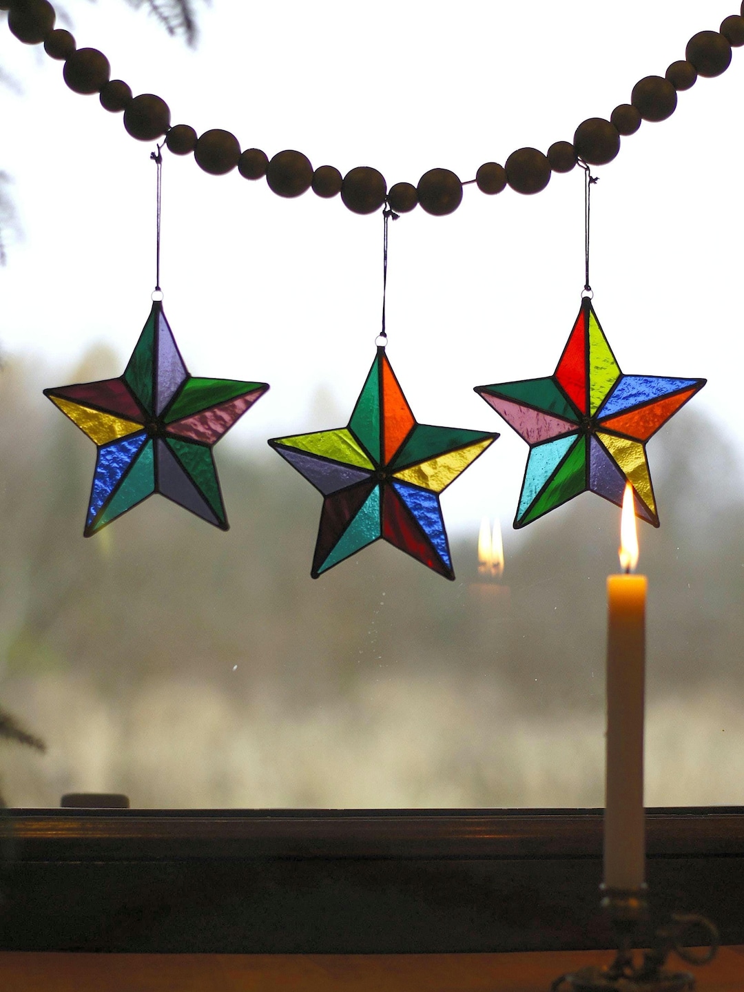 Set of 3 Vintage Like Stained Glass Suncatchers, Set of Colorful Star ...