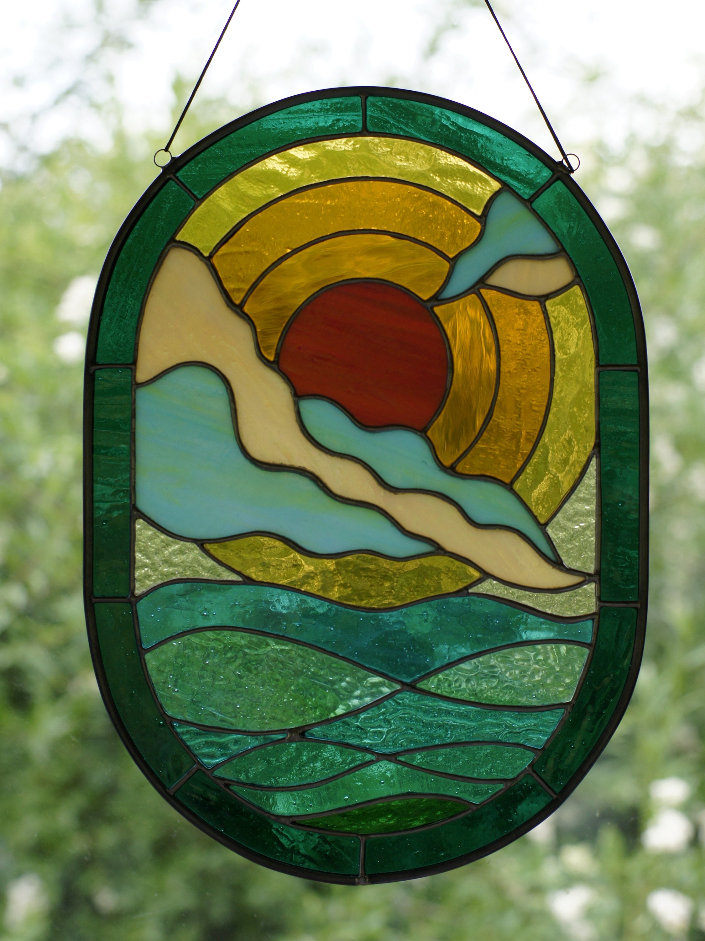 Modern Stained Glass Suncatcher With Ocean, Sun and Clouds, Iridescent ...