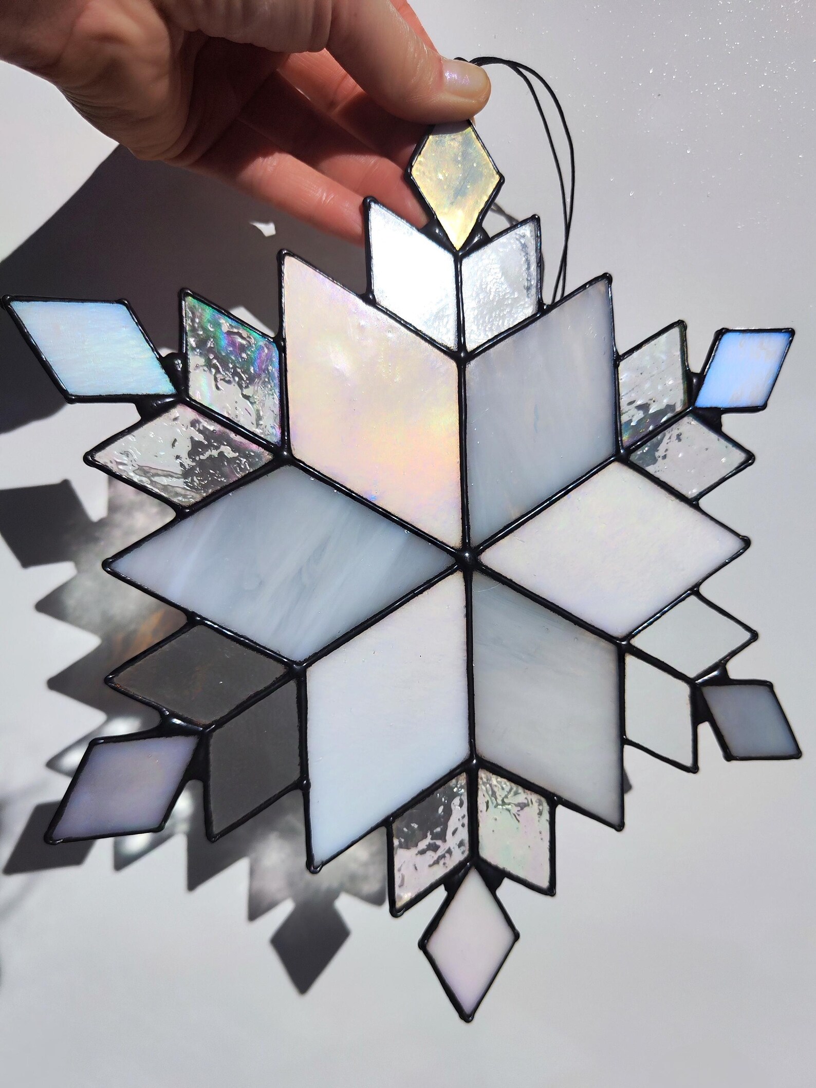 Set of 3 Modern Snowflake Stained Glass Suncatchers, Set of Iridescent ...