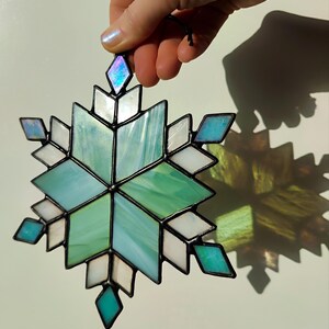 3 Modern Snowflake Stained Glass Suncatchers, Set of Iridescent ...