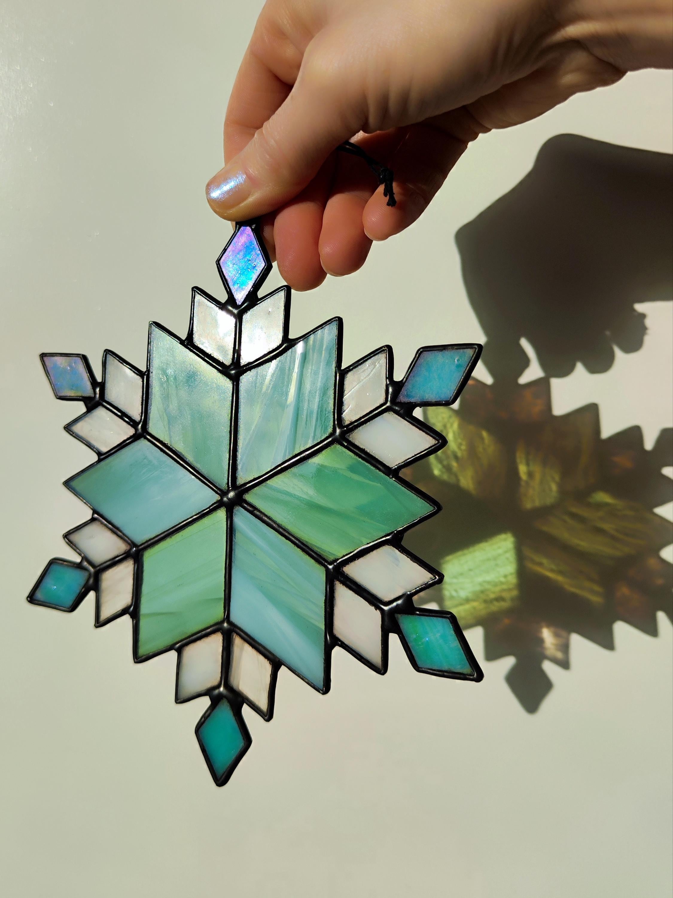 3 Modern Snowflake Stained Glass Suncatchers, Set of Iridescent ...