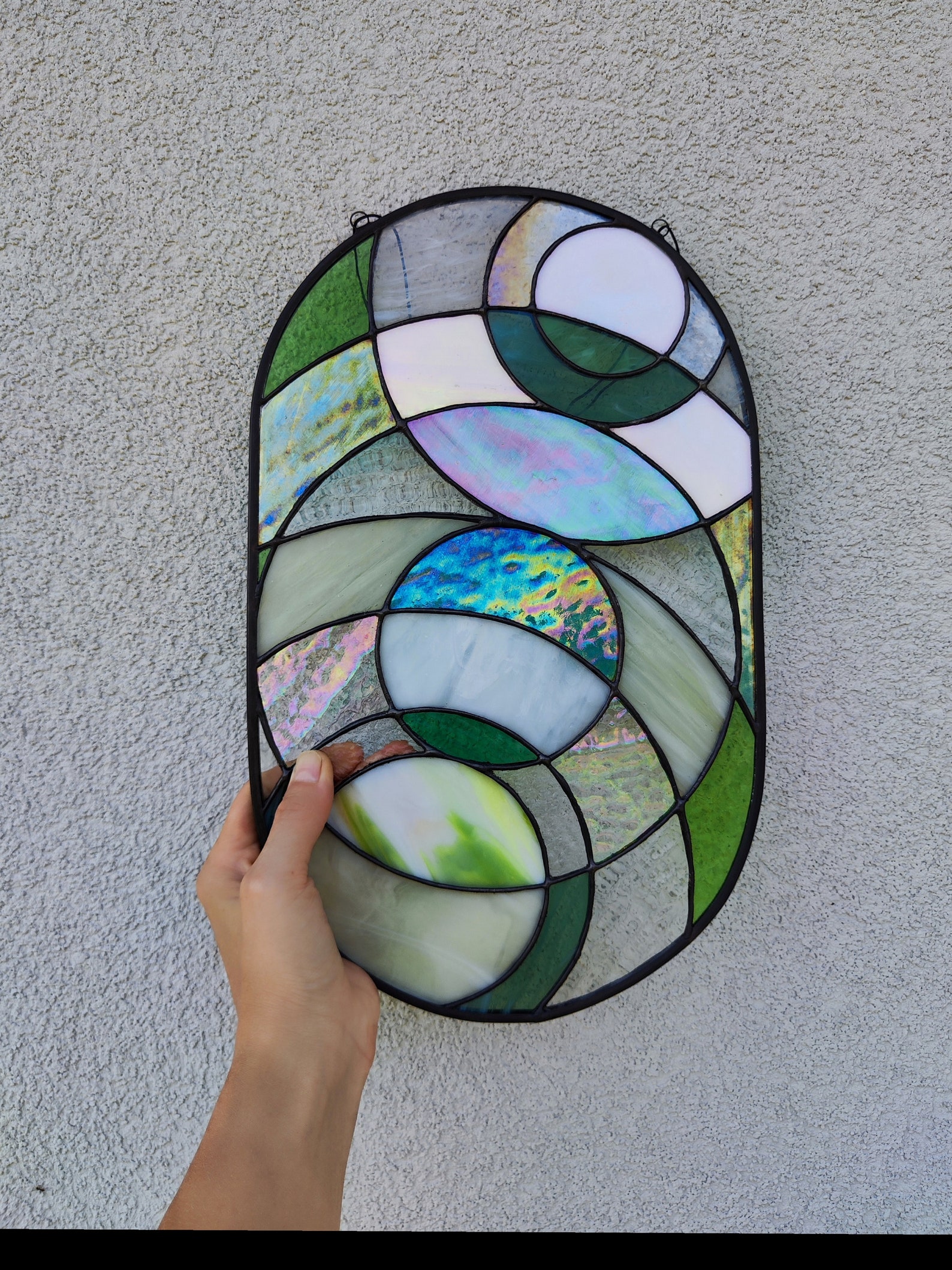 Modern Stained Glass Hanging, Green and Blue Suncatcher With Circles ...