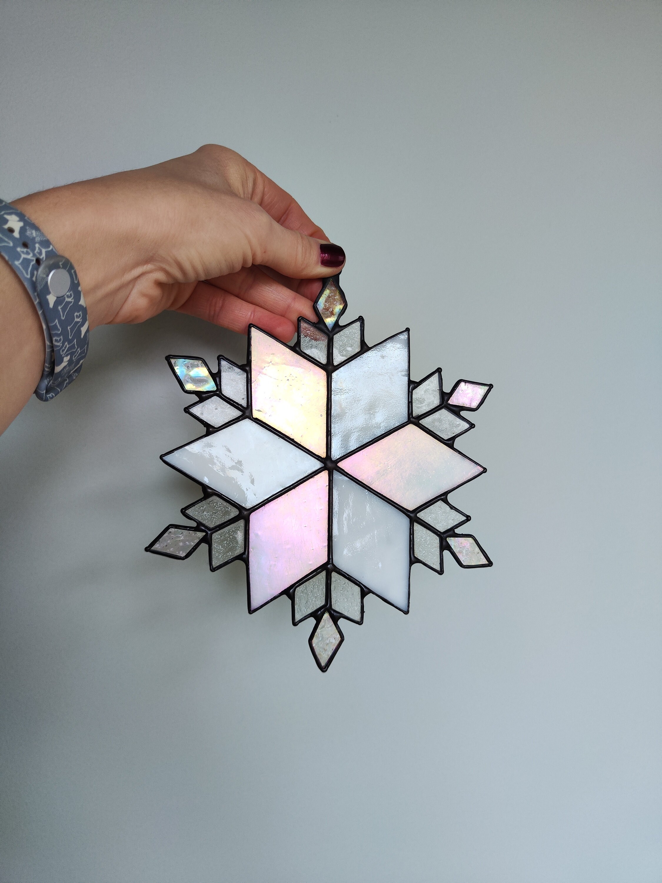 3 Modern Snowflake Stained Glass Suncatchers, Set of Iridescent Wall ...