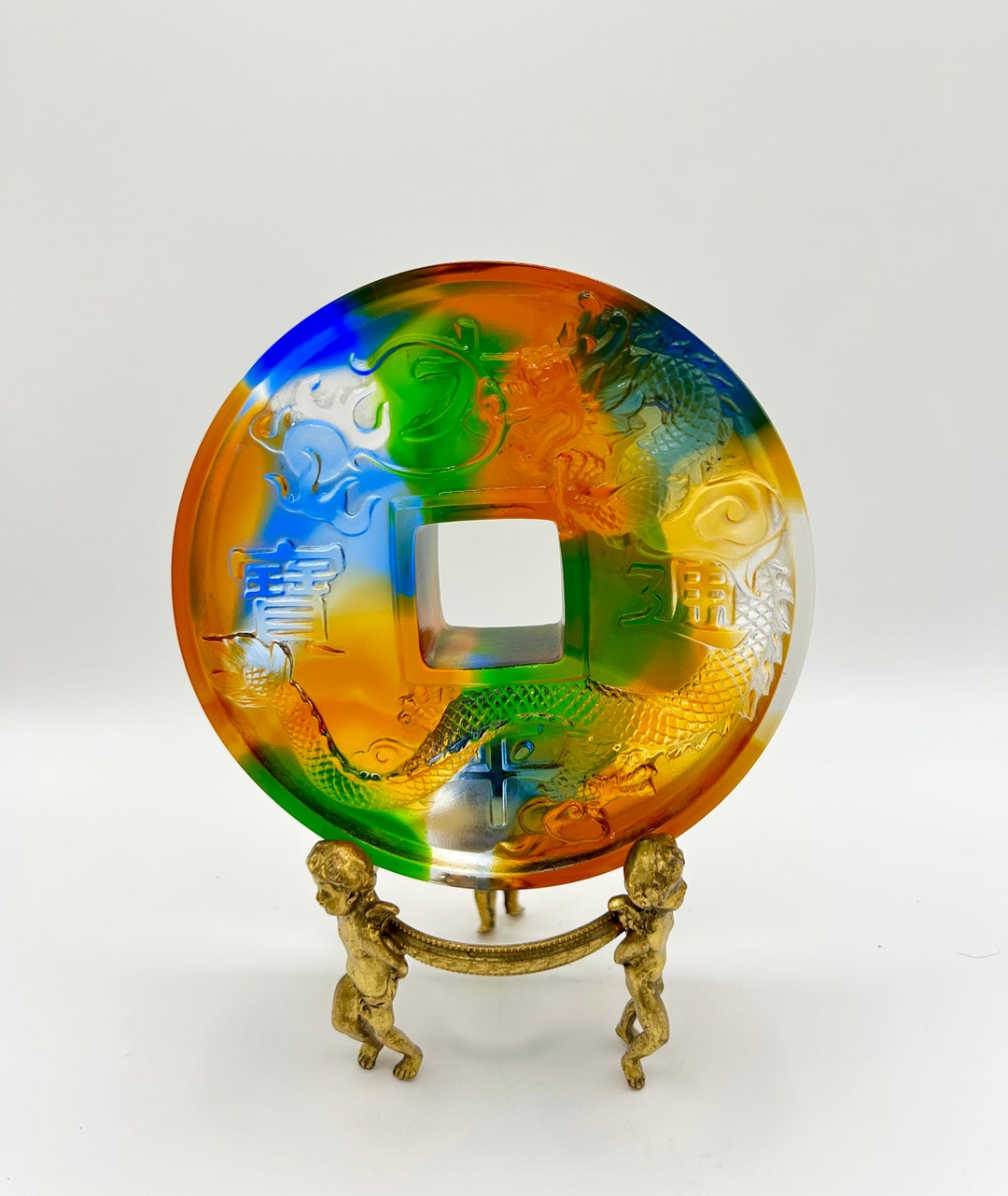 Liuli Crystal Glass Paperweight Dragon Coin - Etsy