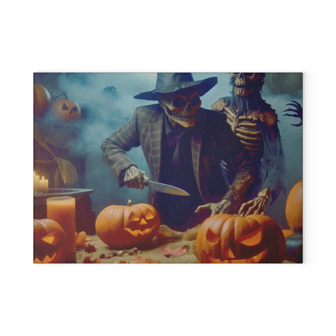 Halloween Glass Cutting Board, Skeleton Pumpkin Carver Kitchen Decor ...