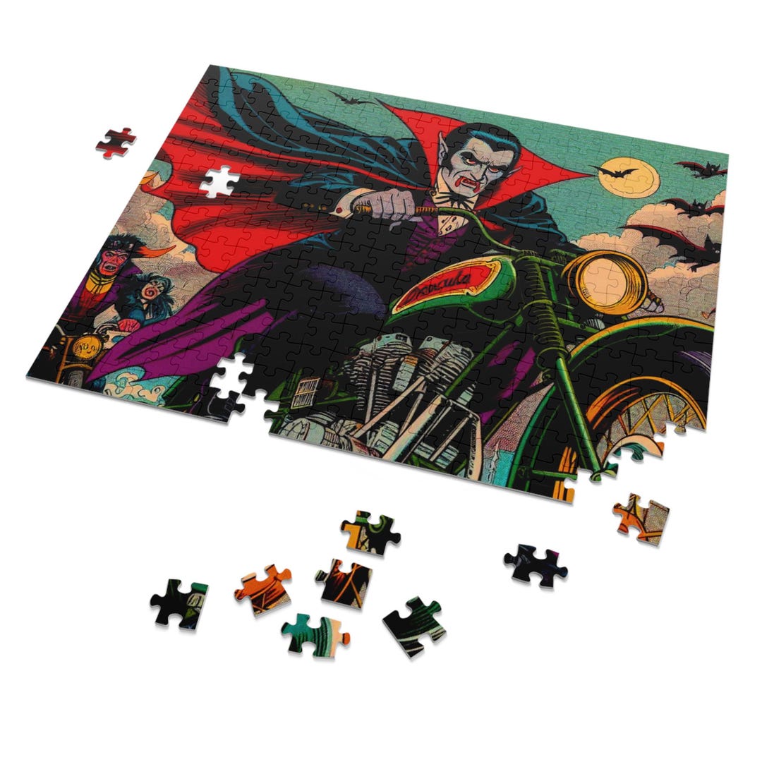 Jigsaw Puzzle - Dracula Riding a Motorcycle, Vampire Puzzle, Gothic ...