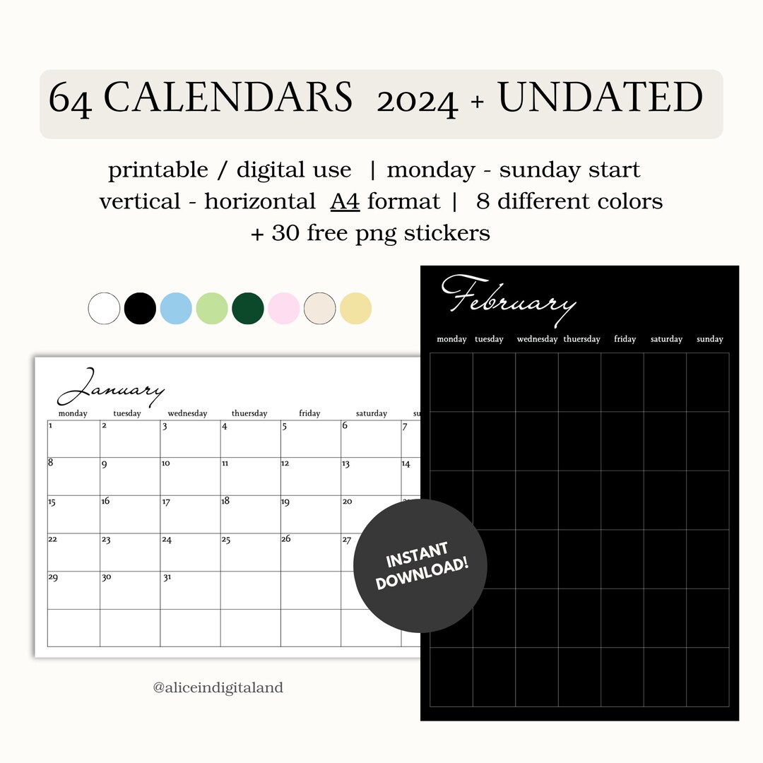 12 Months Calendar 2024 Undated, 8 Colors, Vertical and Horizontal ...