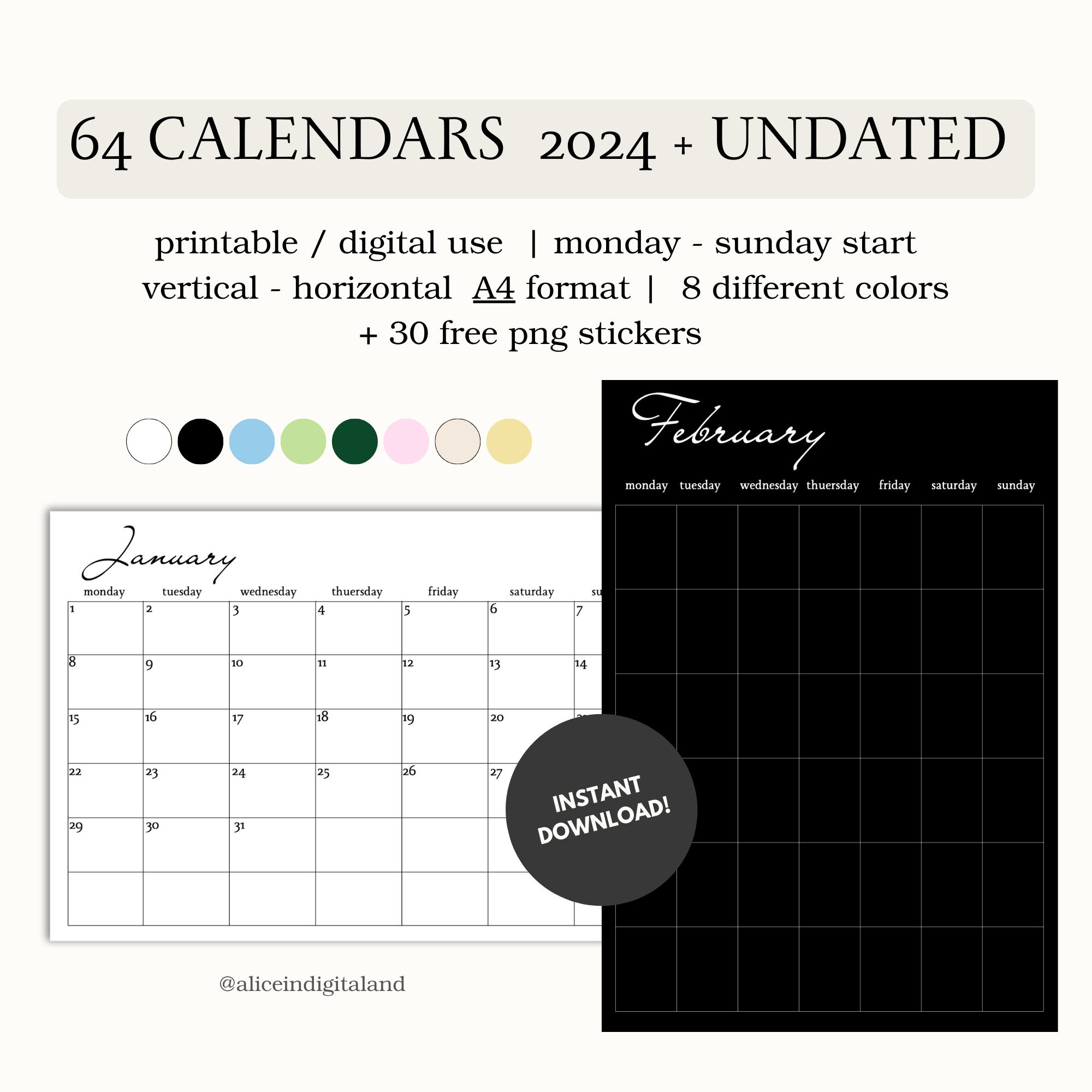 Calendar 2024 and Undated 12 Months Calendar, 8 Colors, Vertical and ...