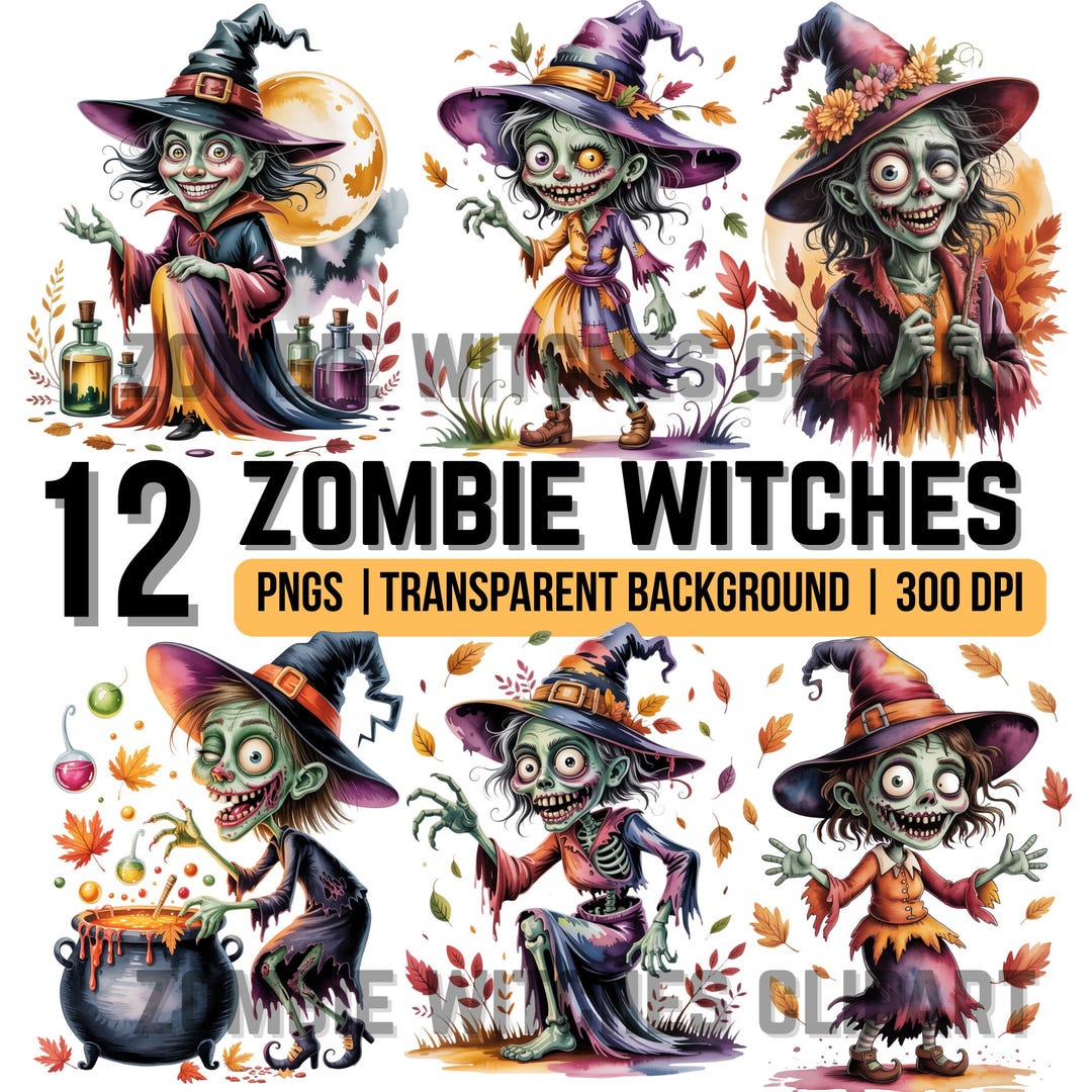Zombie Witches PNG Clipart Bundle | 12 Creepy Cute Halloween Witch ...
