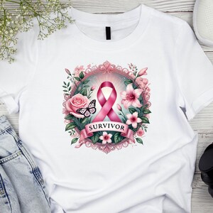 Breast Cancer Survivor Pink Ribbon Floral PNG Digital Download, Breast ...