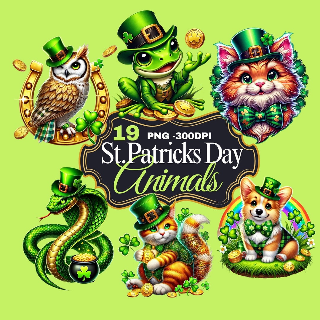 Saint Patricks Day Animals Clipart Bundle 19 Festive Digital Animal ...