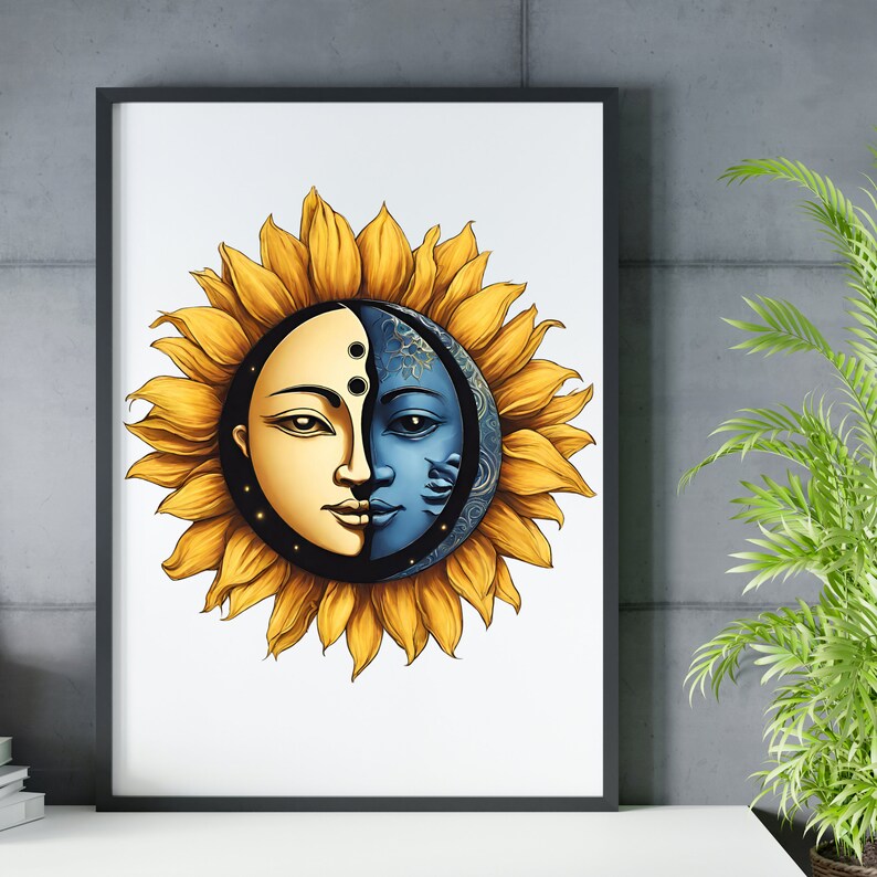 Sunflower Half Moon Faces, Wind Spinner, Wall Art Boho Moons Sunflowers ...