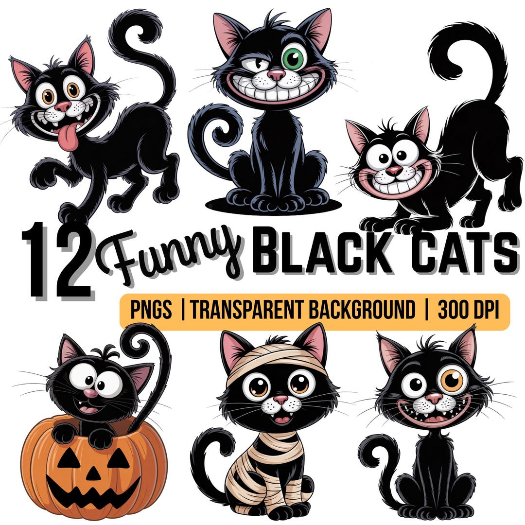 Funny Black Cat Clipart Bundle: Halloween PNG Stickers (digital ...
