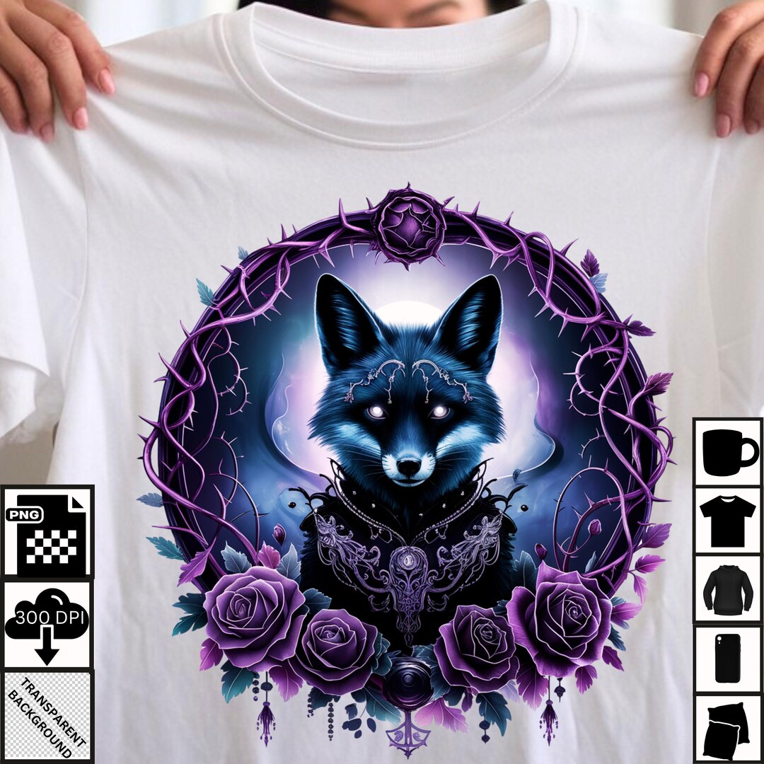 Gothic Blue Fox PNG: Purple Roses, Mystical Design (digital Download ...