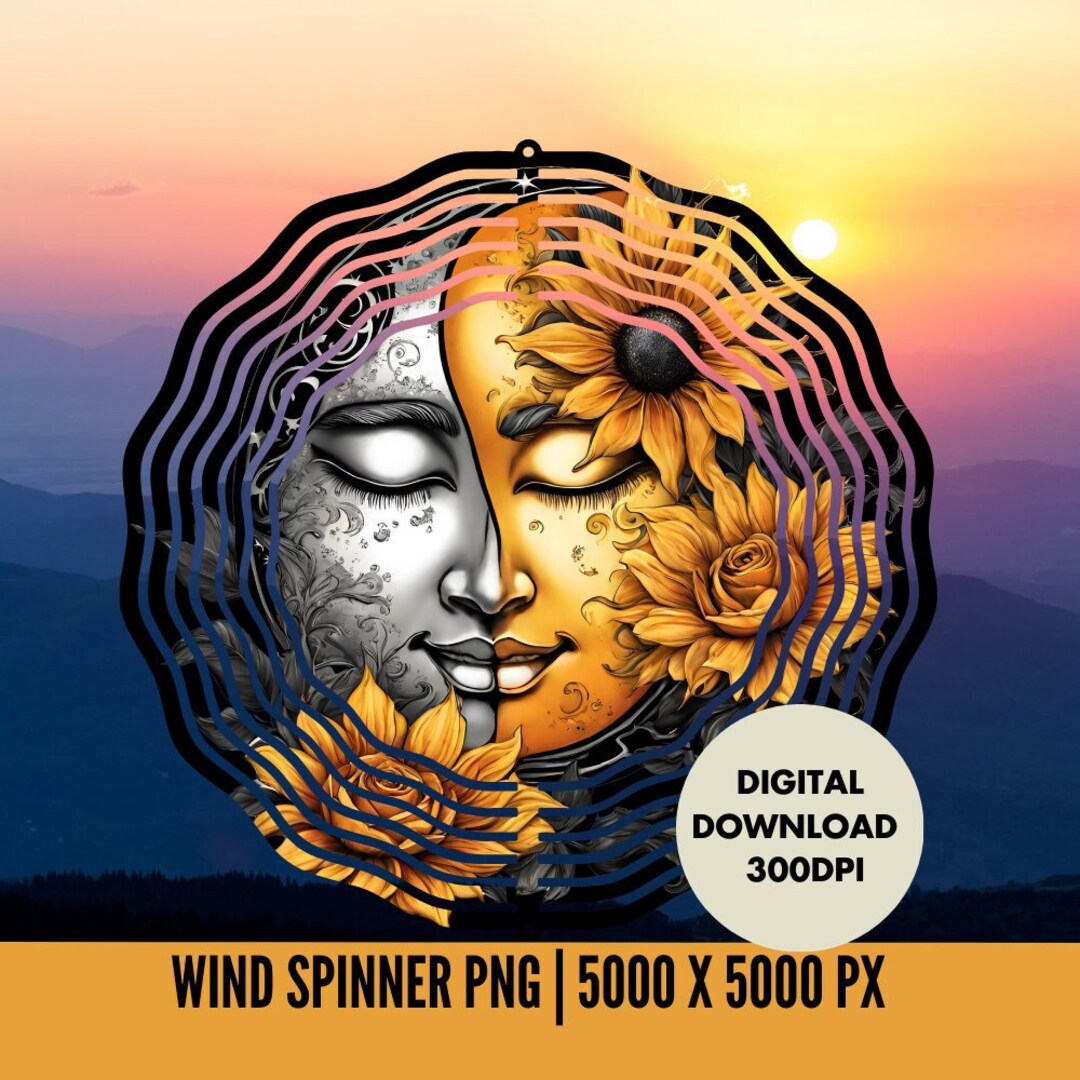 Boho Celestial Moon Wind Spinner, Wall Art Two Quarter Moons in Silver and Gold With Sunflowers ...