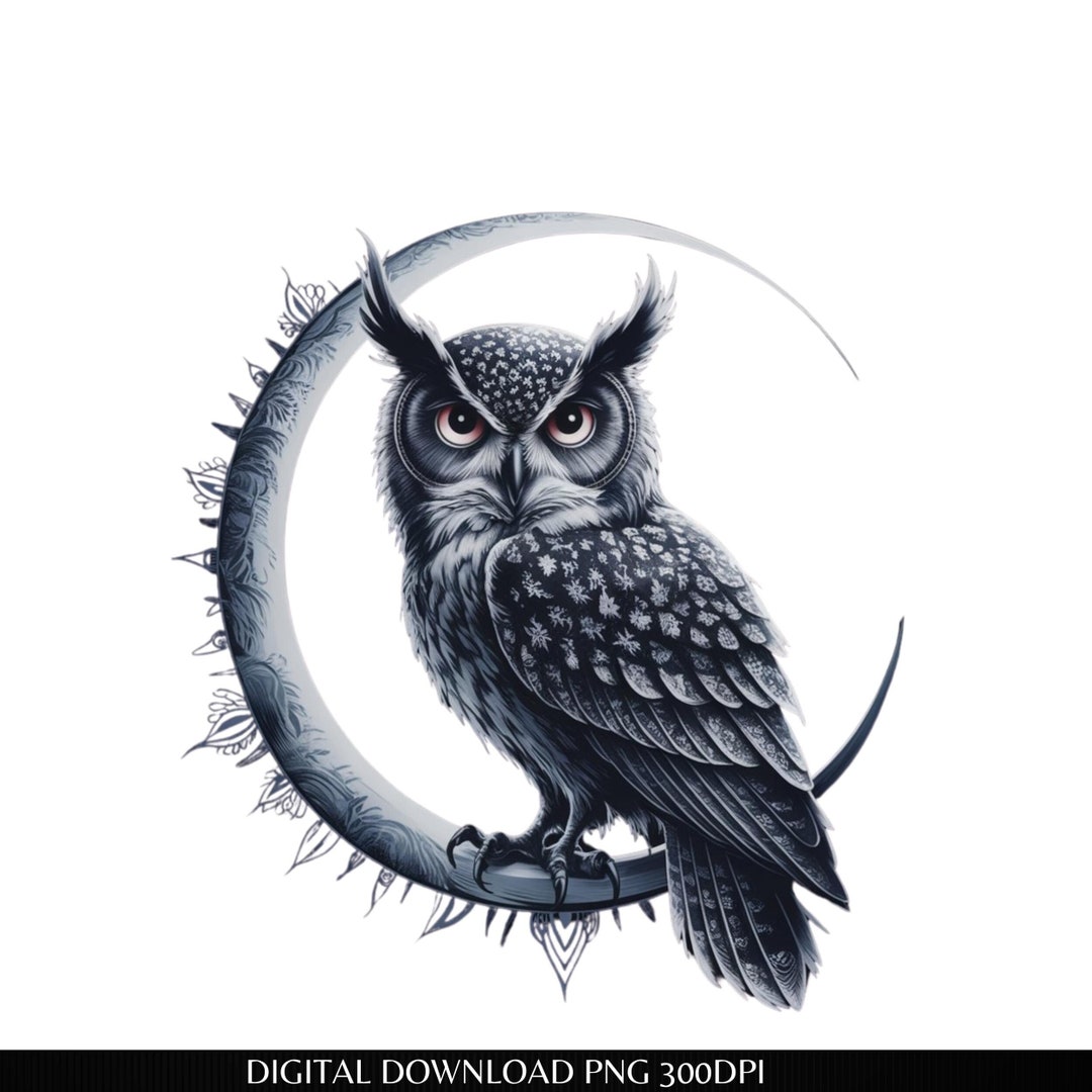 Mystical Black and White Owl on Crescent Moon Digital Download Art ...
