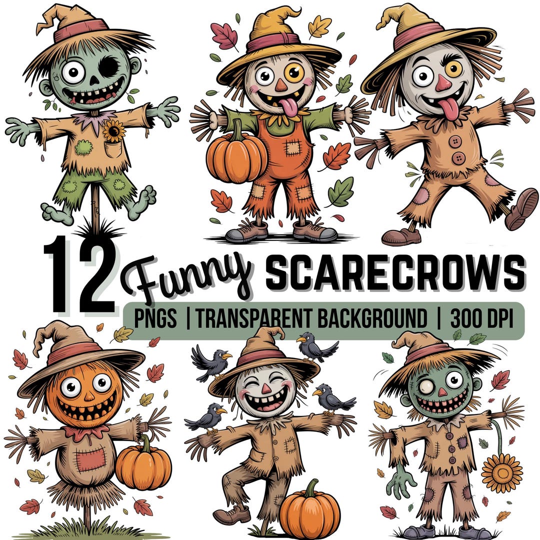 12 Funny Scarecrow PNG Bundle | Halloween Scarecrow Clipart | Creepy ...