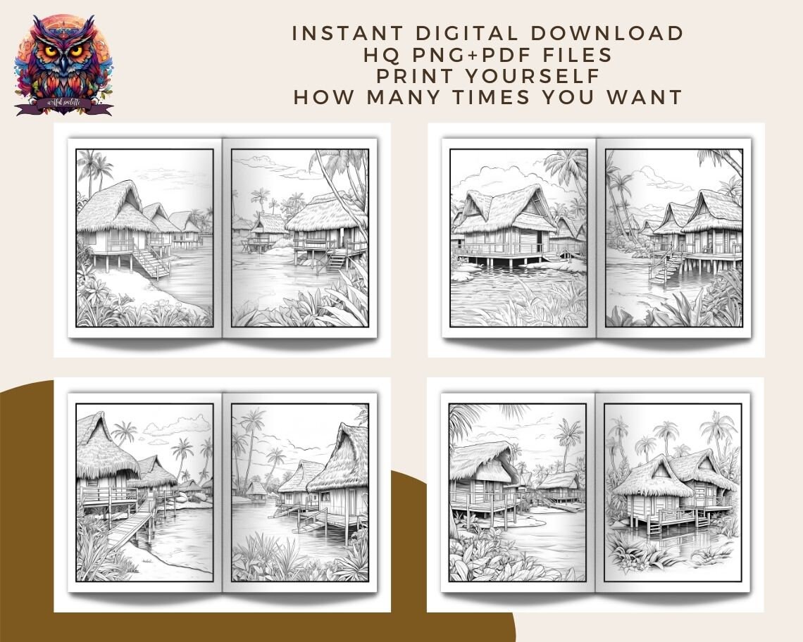 50 Coloring Pages Polynesian Fale House Landscapes & Architecture Adult ...
